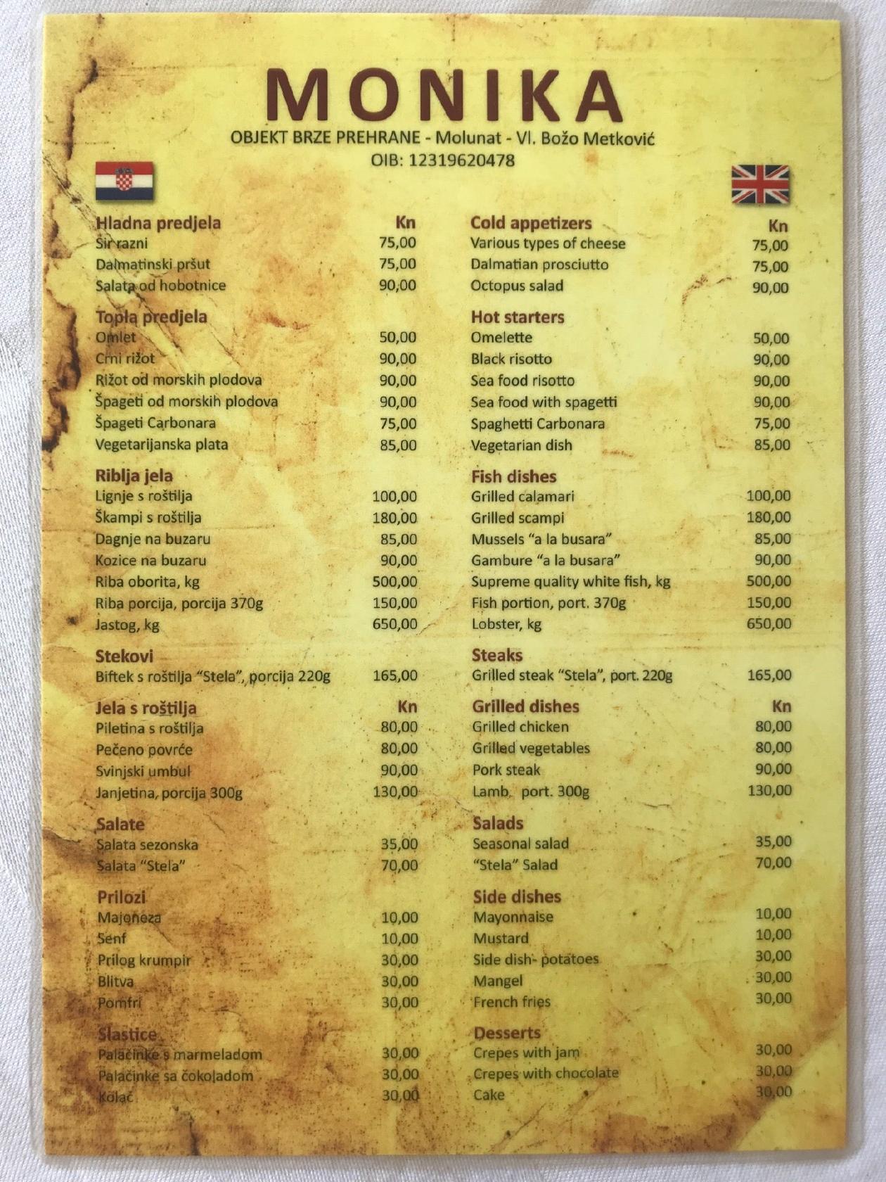 Menu at Restaurant "Monika" Molunat, Molunat