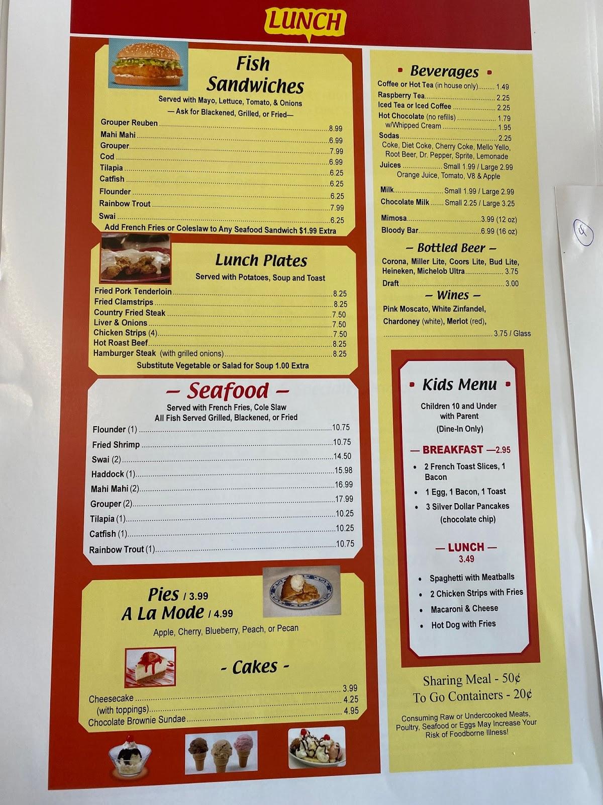 Menu at Sabina's Diner & Ice Cream Shop restaurant, Hernando