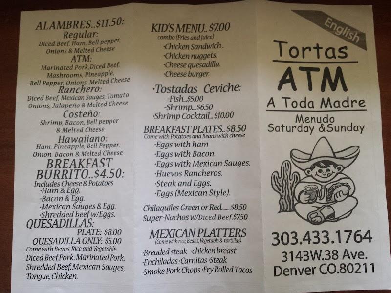 Menu at Tortas ATM restaurant, Denver