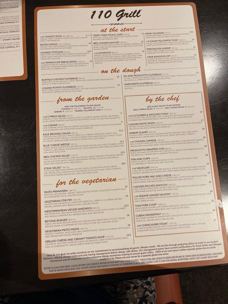 Menu at 110 Grill restaurant, Boston, 8 Allstate Rd