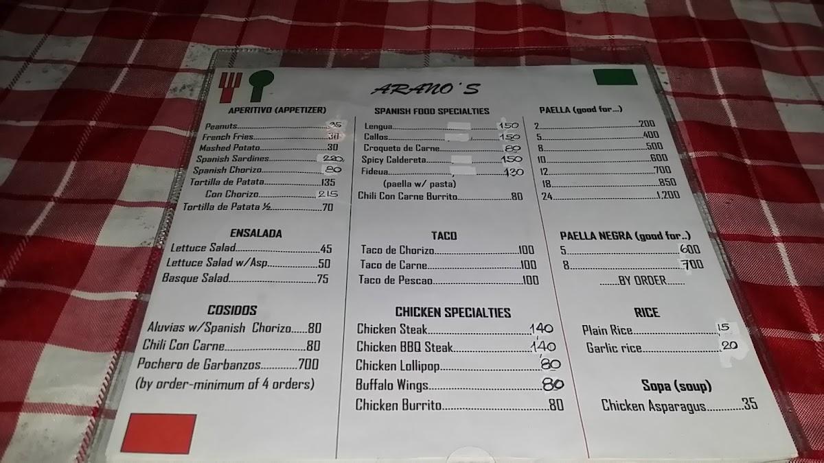 Menu at Arano's Bar and Restaurant, Cebu City, 29-31 Fairlane Village Rd
