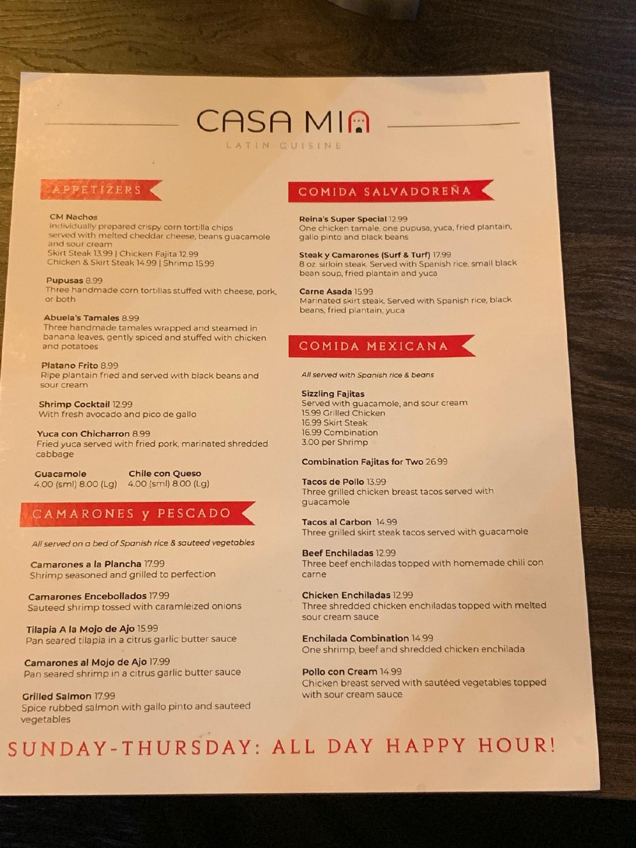 Menu at Casa Mia Latin Cuisine restaurant, Lewisville