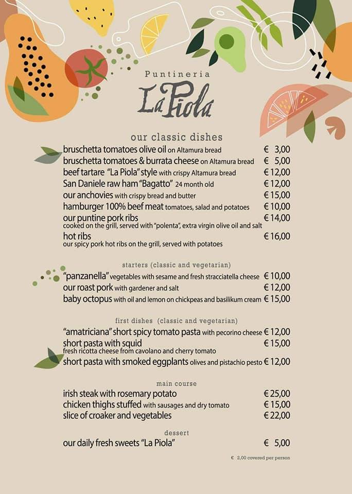 Menu da La Piola ristorante, Sacile