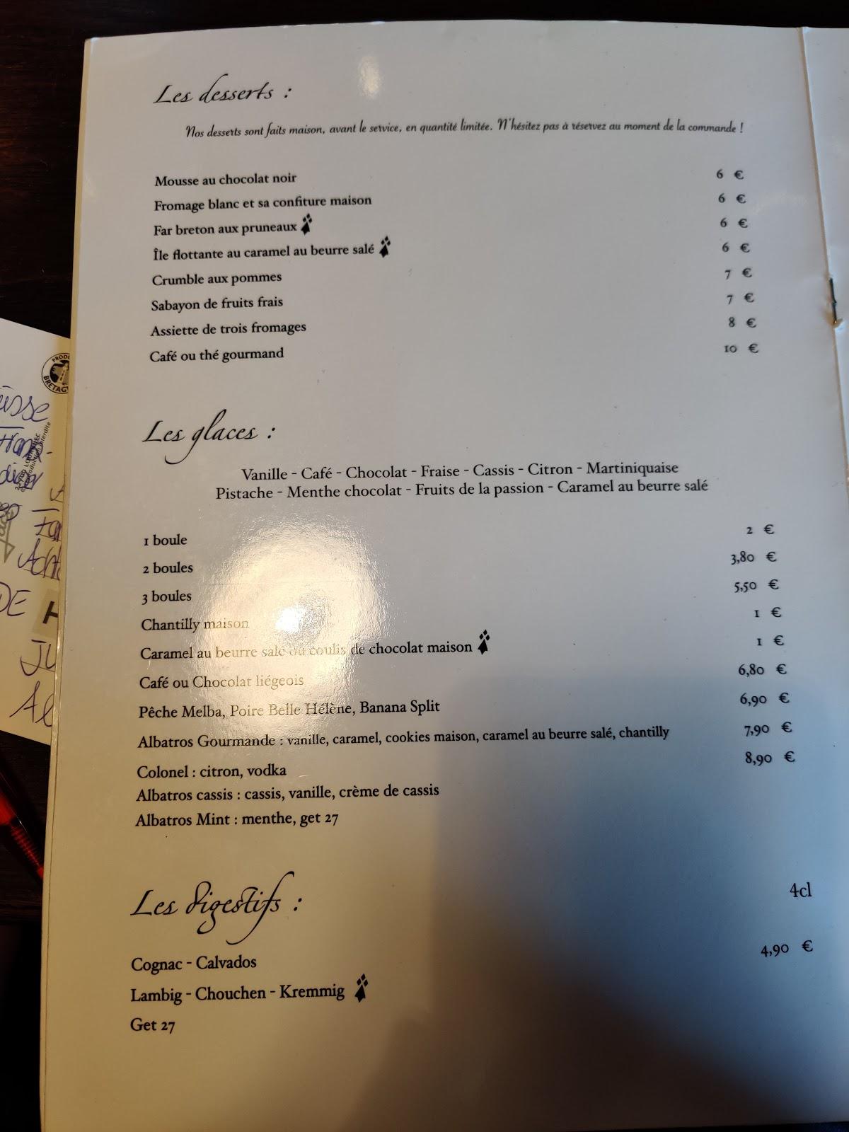 Menu au L'albatros restaurant, Audierne