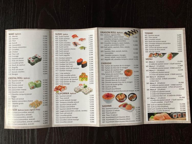 Menu au Tomi Sushi Bar, Jodoigne