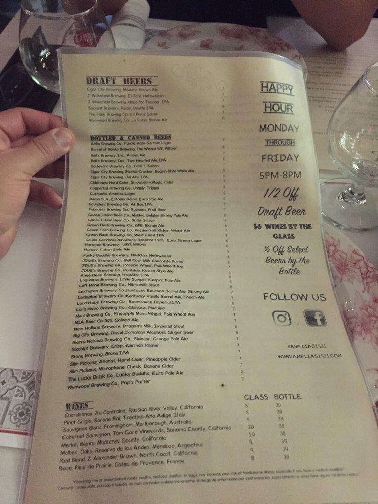 Menu at Amelia's 1931 restaurant, Tamiami, SW 26th St