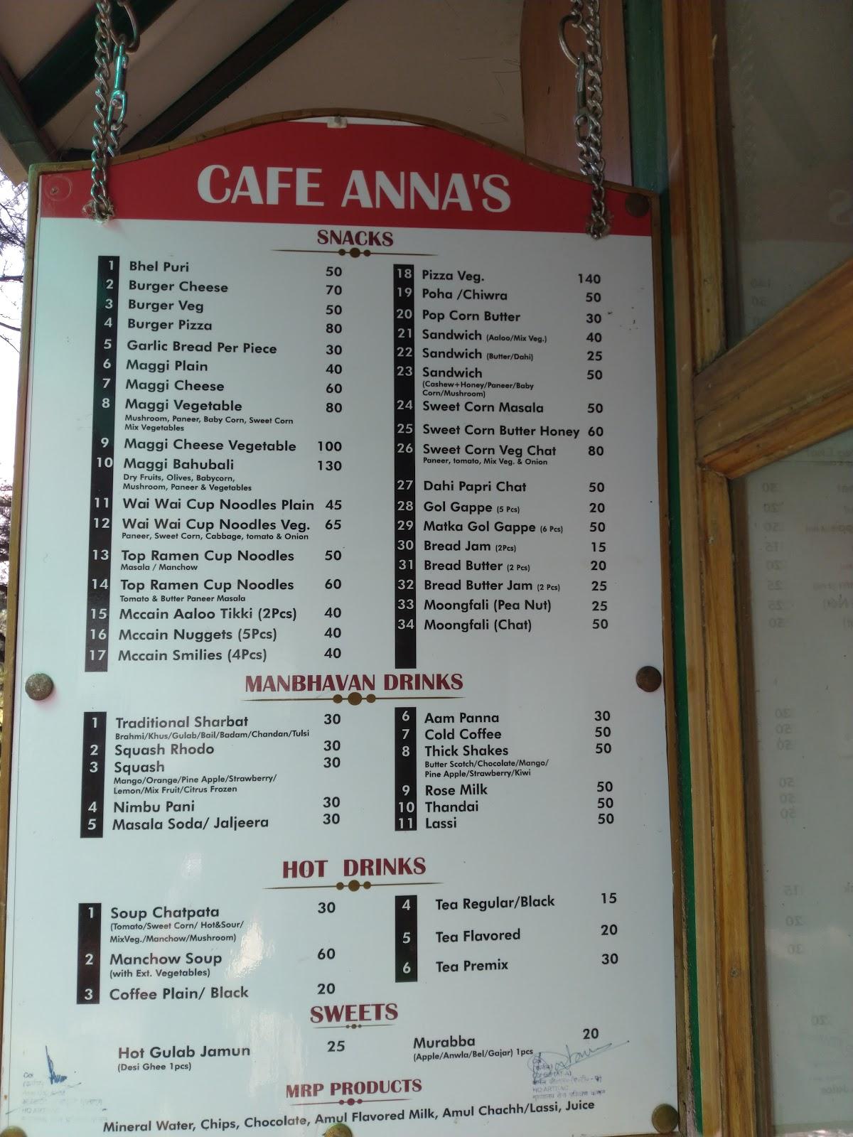 Menu at Anna's Cafe, Shimla