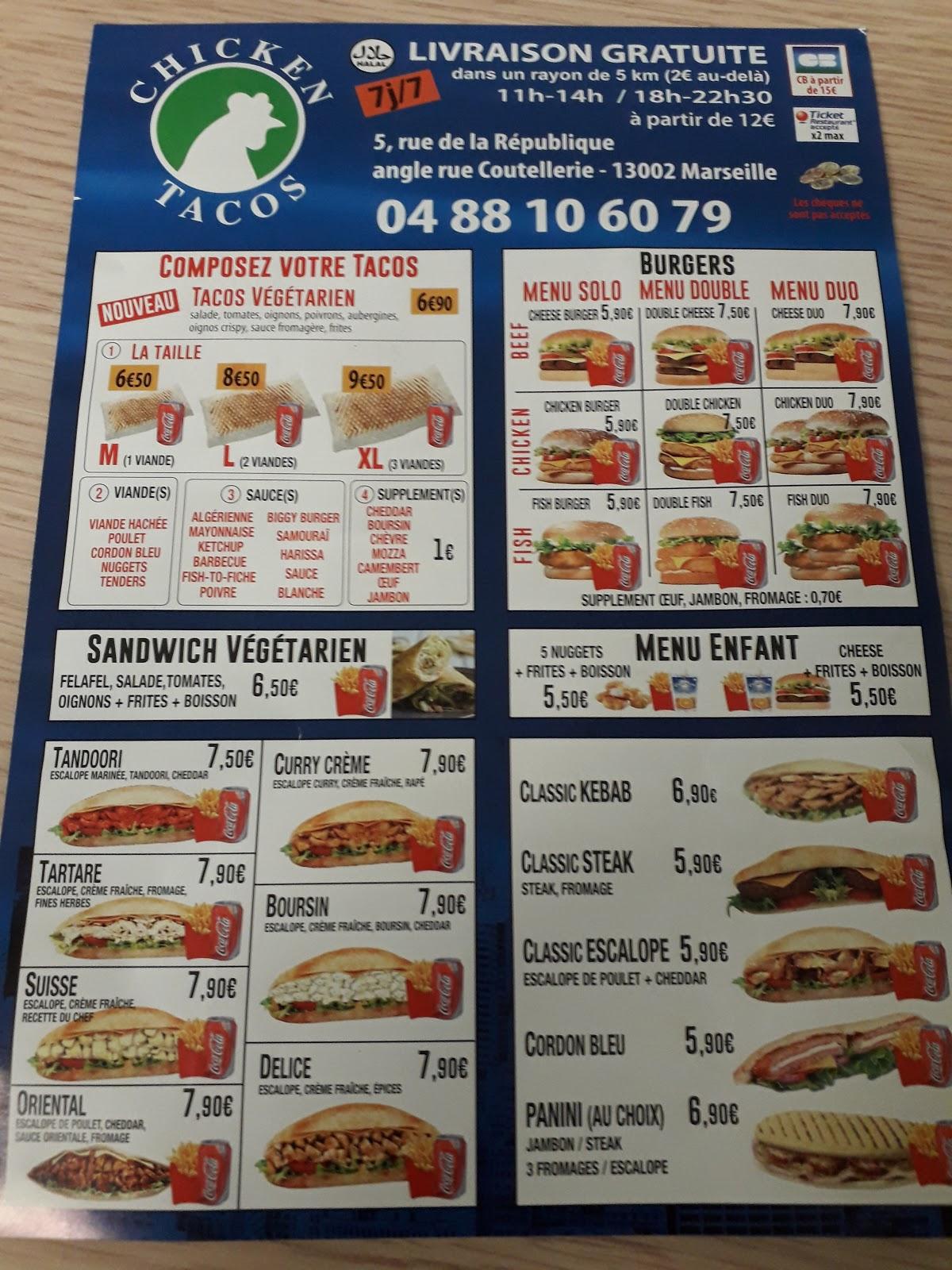 Menu at Chicken Tacos Restaurant, Marseille