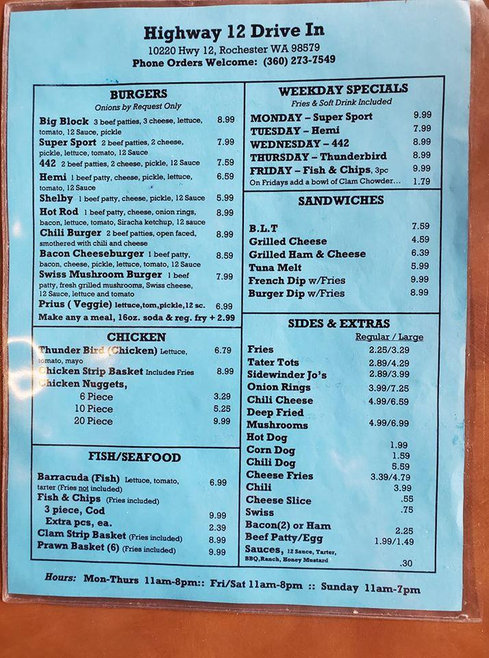 Menu at Highway 12 Drive-Inn restaurant, Rochester