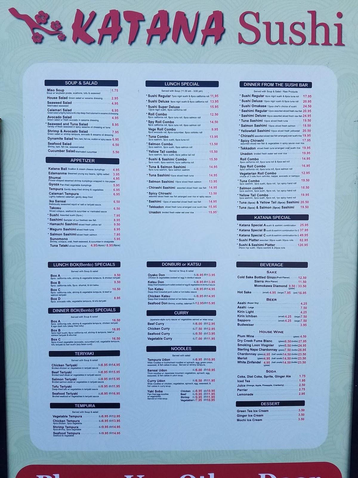 Menu at Katana Sushi restaurant, Midlothian