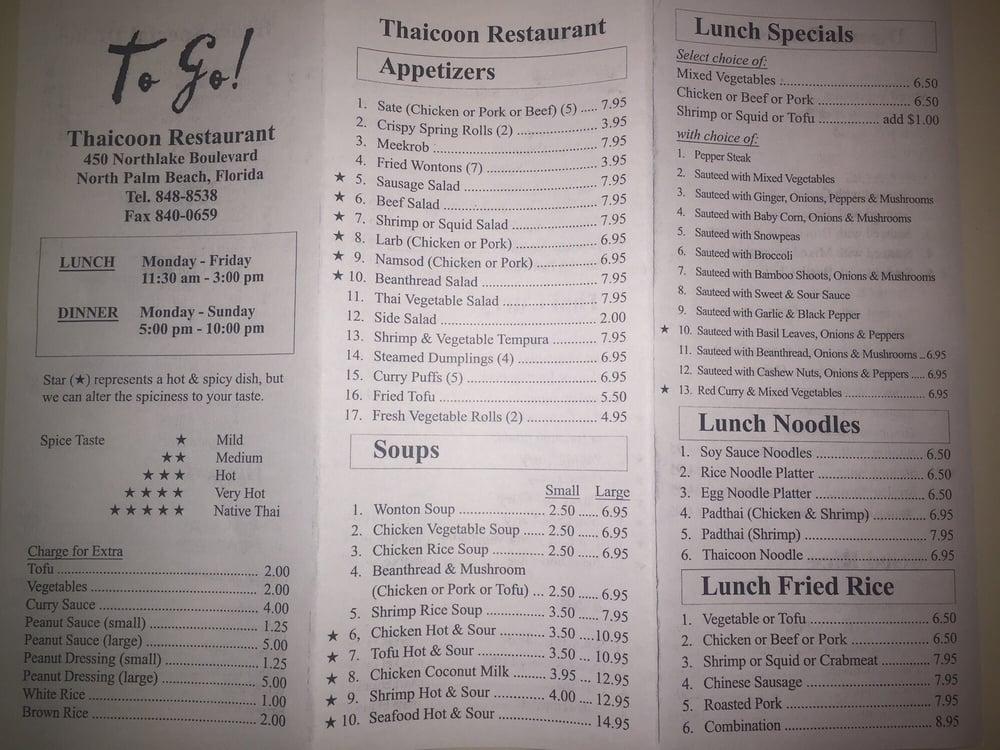 Menu at Thaicoon Restaurant, North Palm Beach