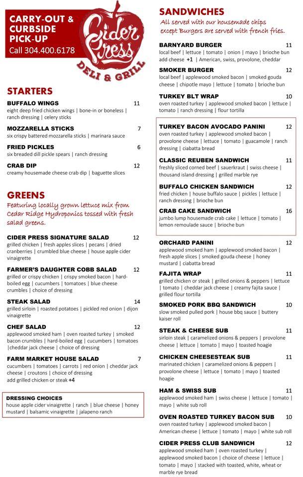 Menu at The Cider Press cafe, Inwood