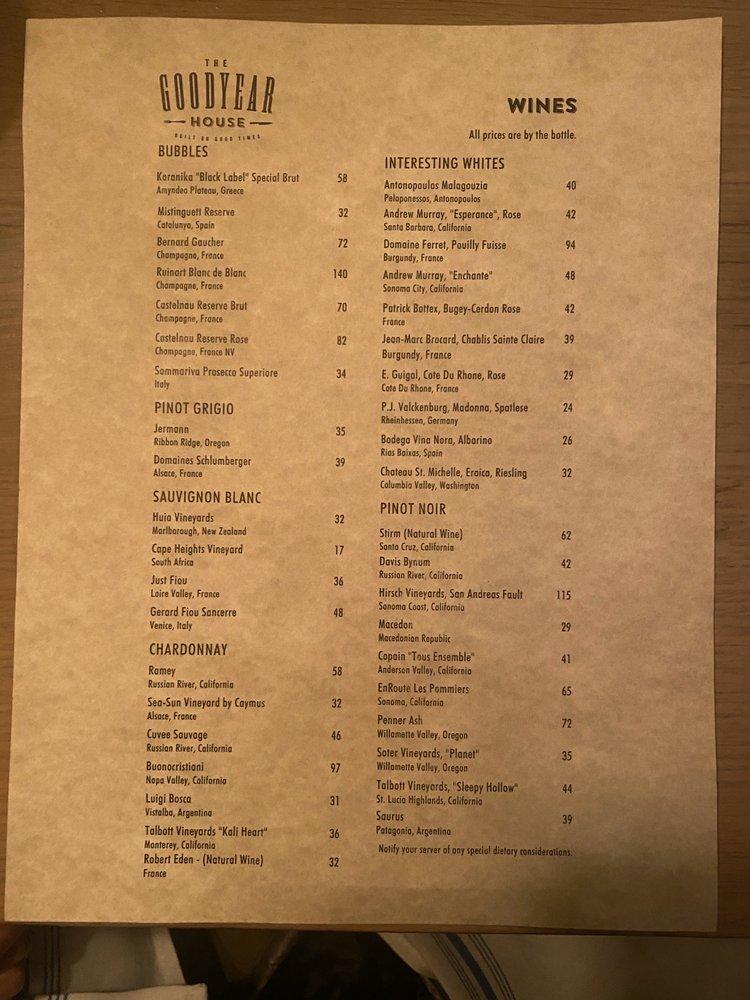 Menu at The Goodyear House pub & bar, Charlotte