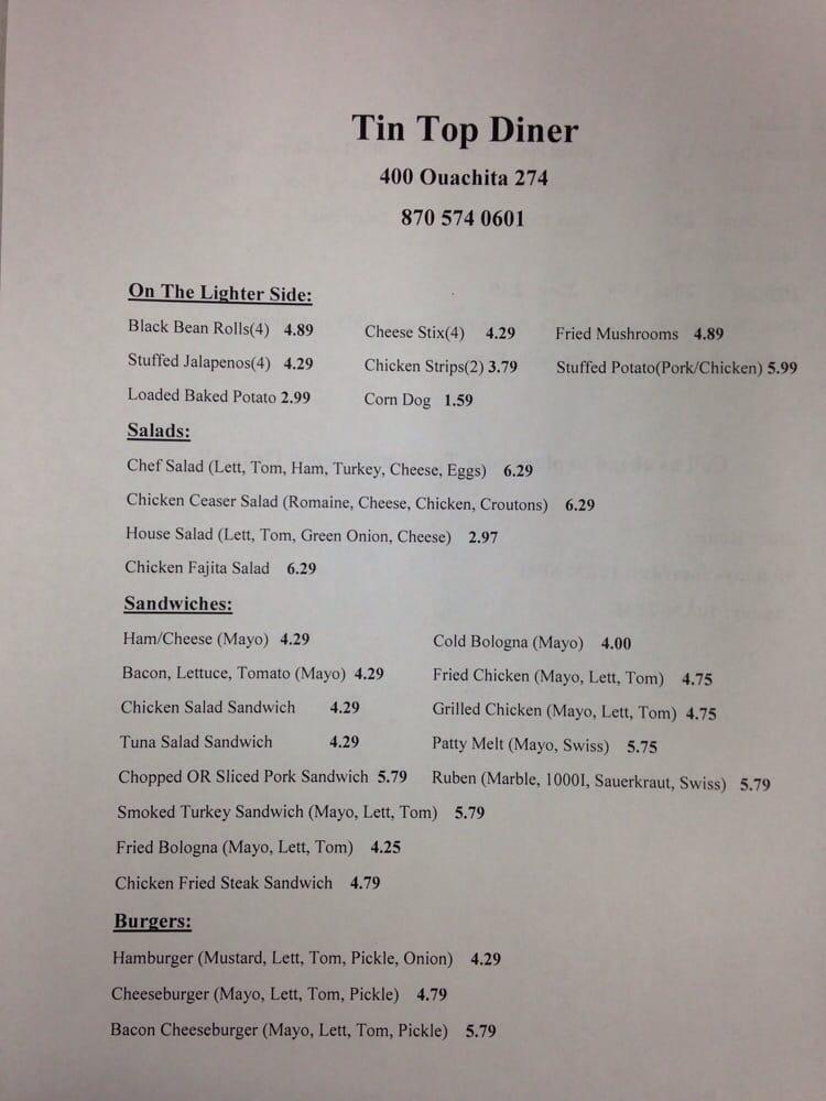 Menu at Tin Top Diner, USA, 400 Hwy 274