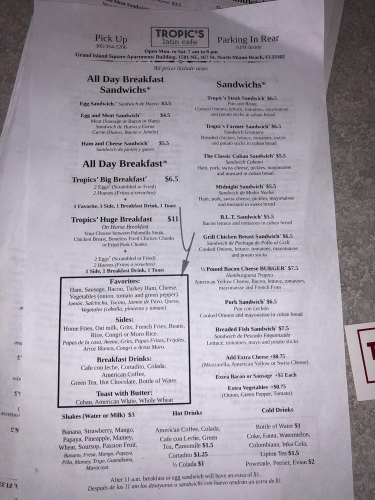 Menu at Tropics Cafe, North Miami Beach
