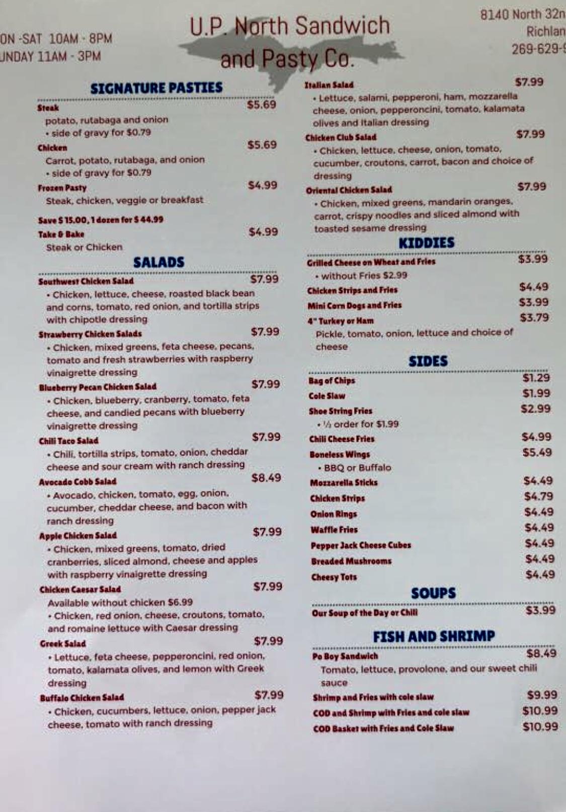 Menu at Up North Sandwich & Pasty Co restaurant, Richland