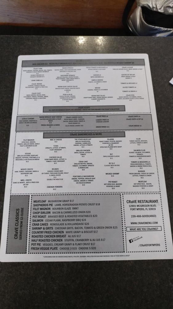 Menu at CRaVE Restaurant, Fort Myers