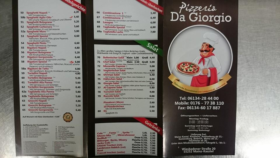 Carta de pizzería Da Giorgio, Wiesbaden