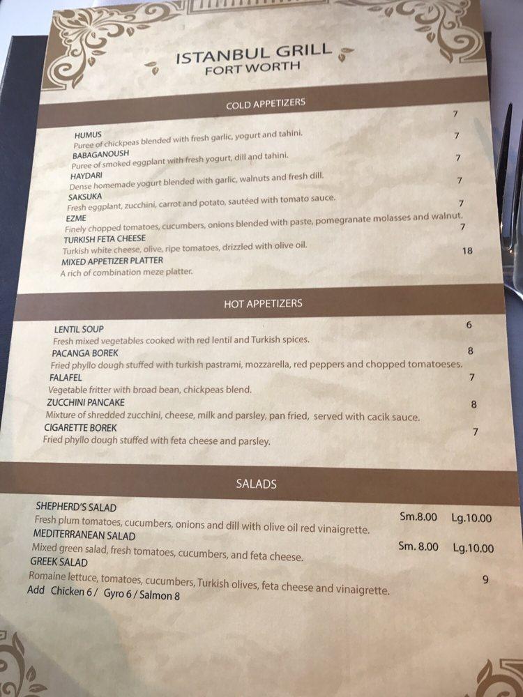 Menu at Istanbul grill & bar, Fort Worth
