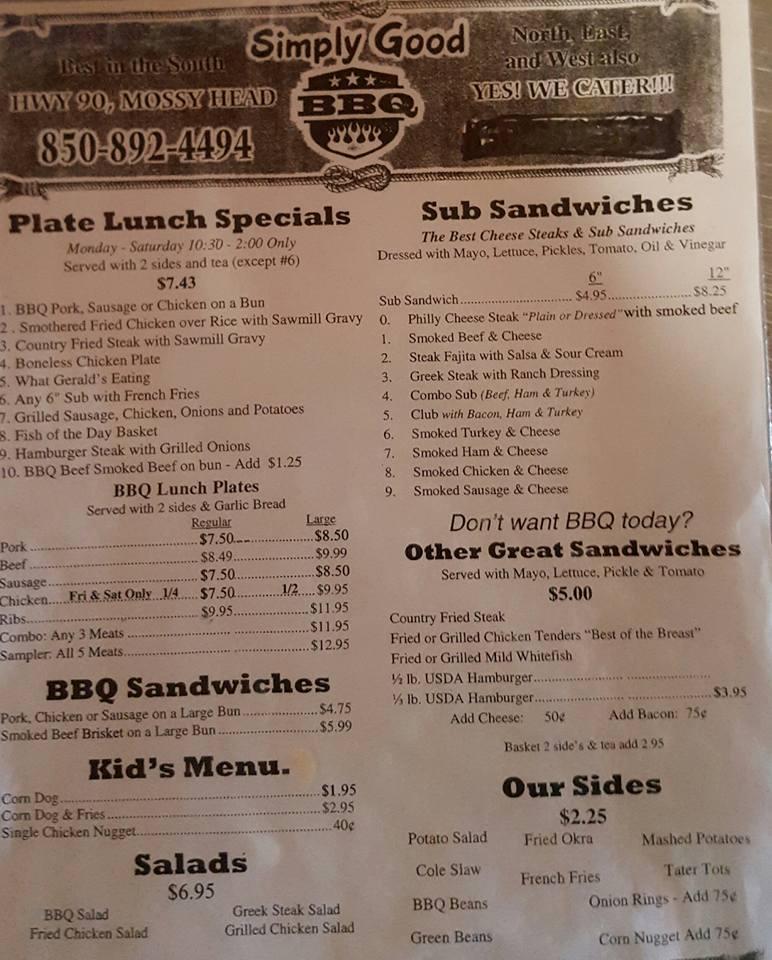 Menu at Simply Good BBQ, Mossy Head, US-90 W