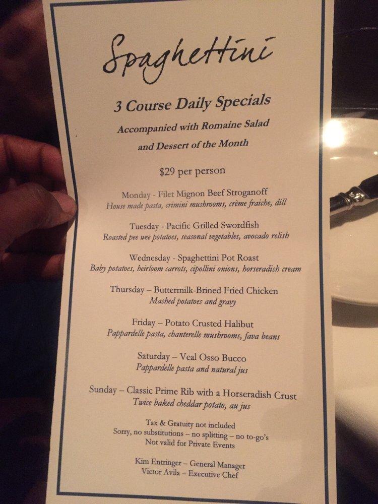 Menu at Spaghettini restaurant, Seal Beach, Old Ranch Pkwy