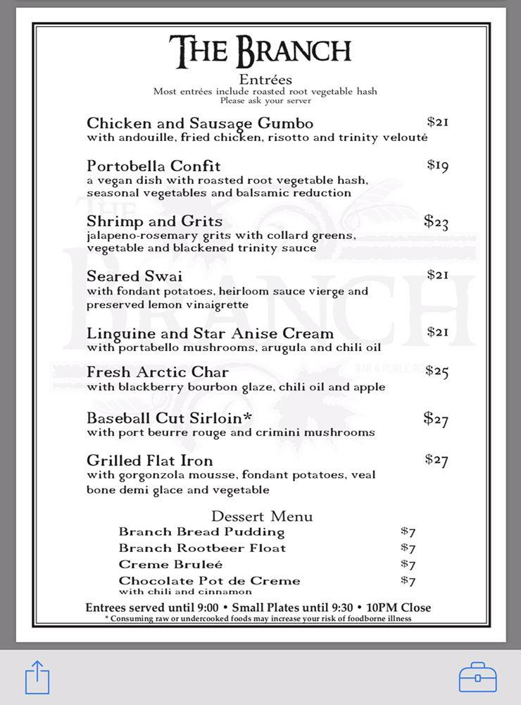 Menu at The Branch Bar & Public Room, Centralia
