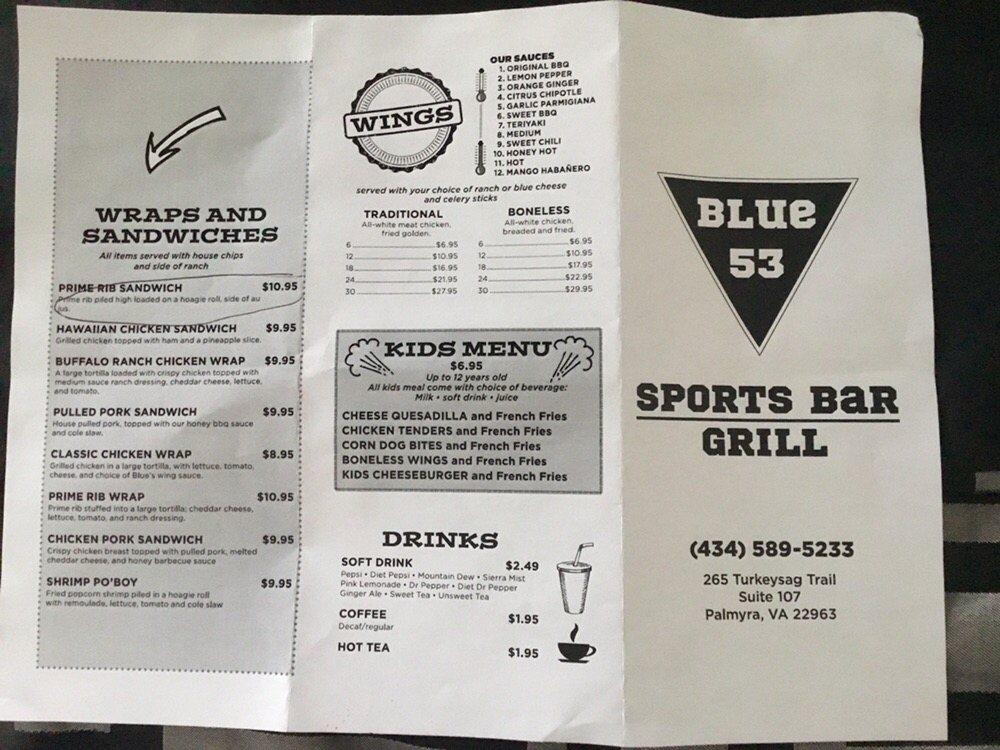Menu at Blue 53 Sports Bar & Grille, Lake Monticello