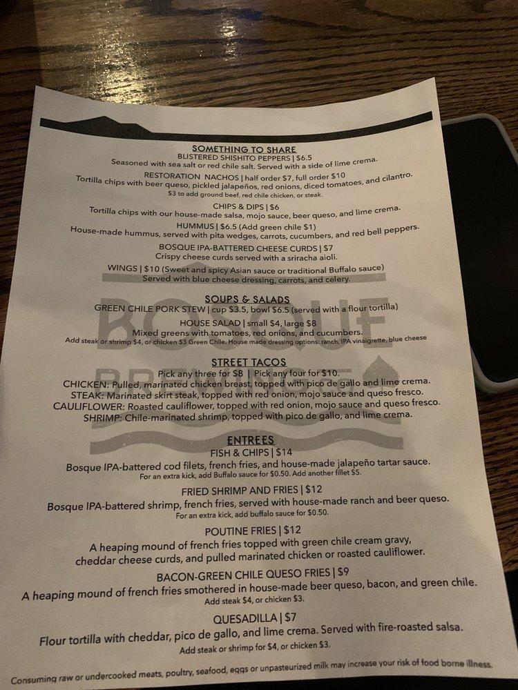 Menu at Bosque Brewing pub & bar, Las Cruces, Telshor Ct