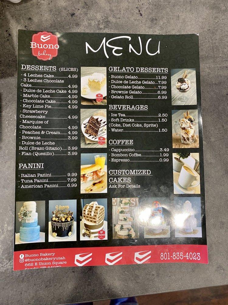 Menu at Buono Bakery, Sandy