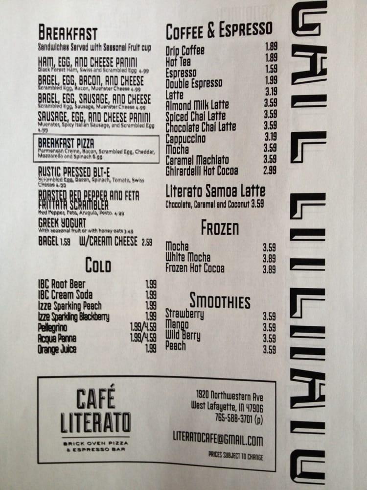 Menu at Cafe Literato, West Lafayette, Northwestern Ave