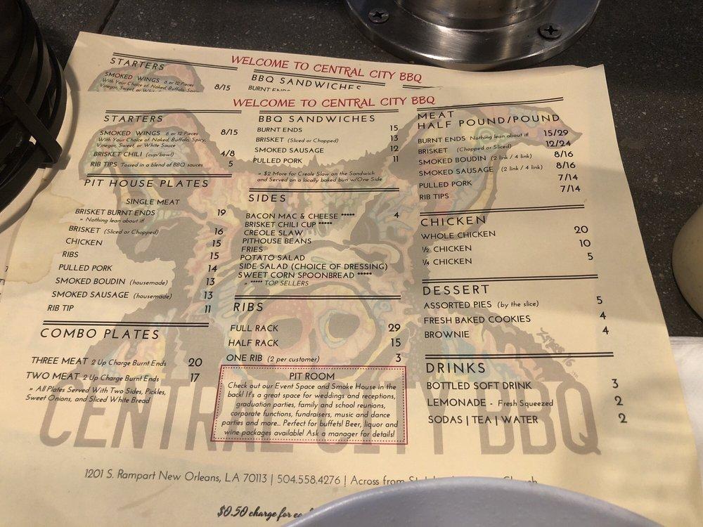 Menu at Central City BBQ, New Orleans, S Rampart St