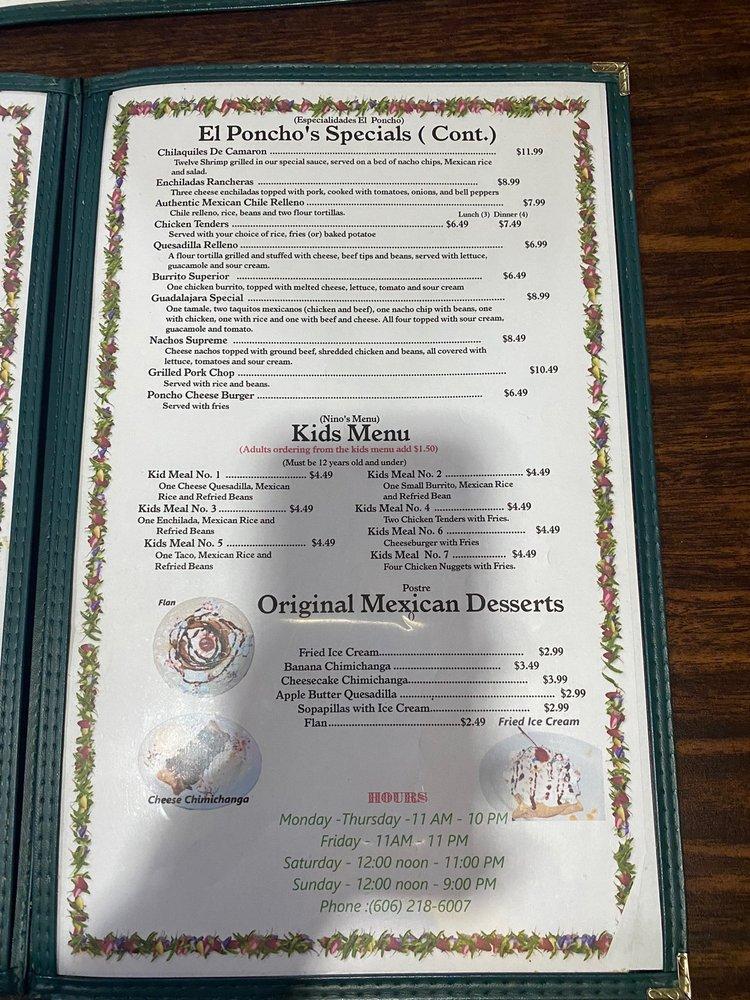 Menu at El Poncho Mexican Restaurant, Pikeville