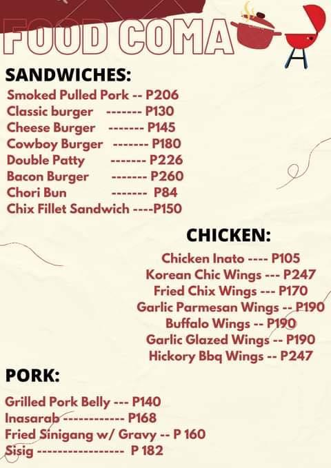 Menu at Food Coma BXU restaurant, Butuan City