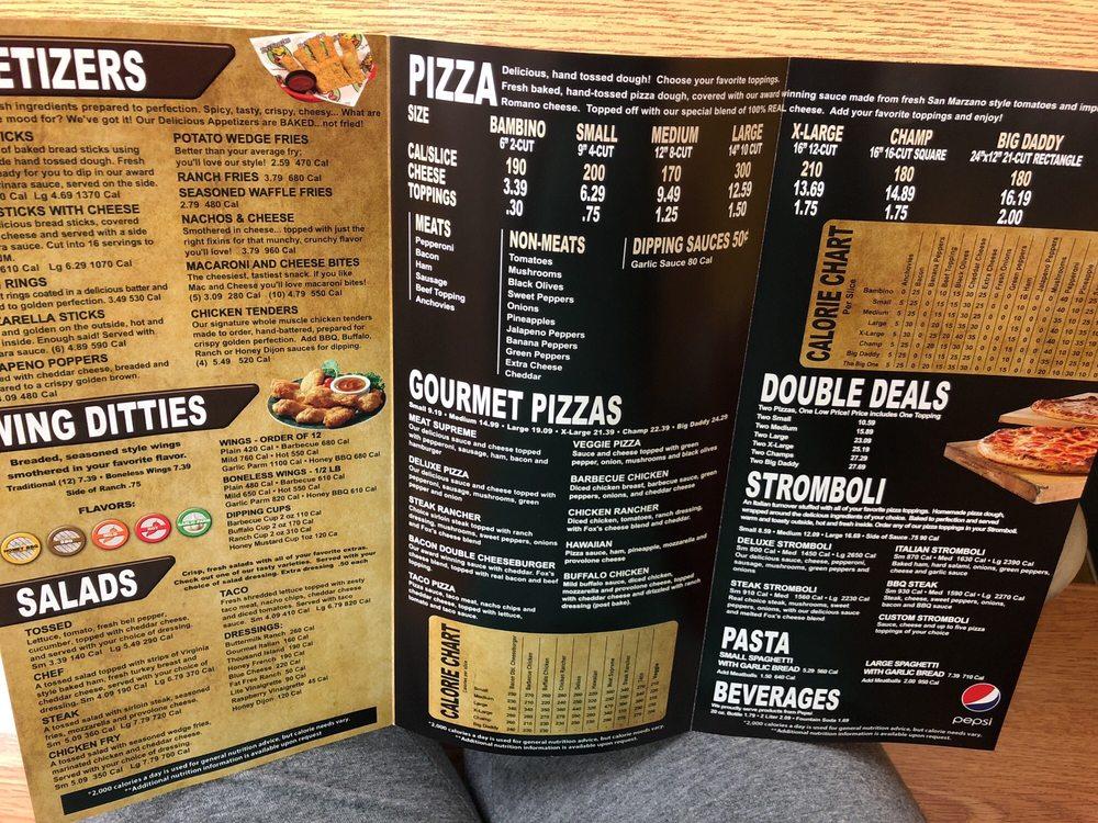 Menu at Fox's Pizza Den pizzeria, Berkeley Springs, Valley Rd