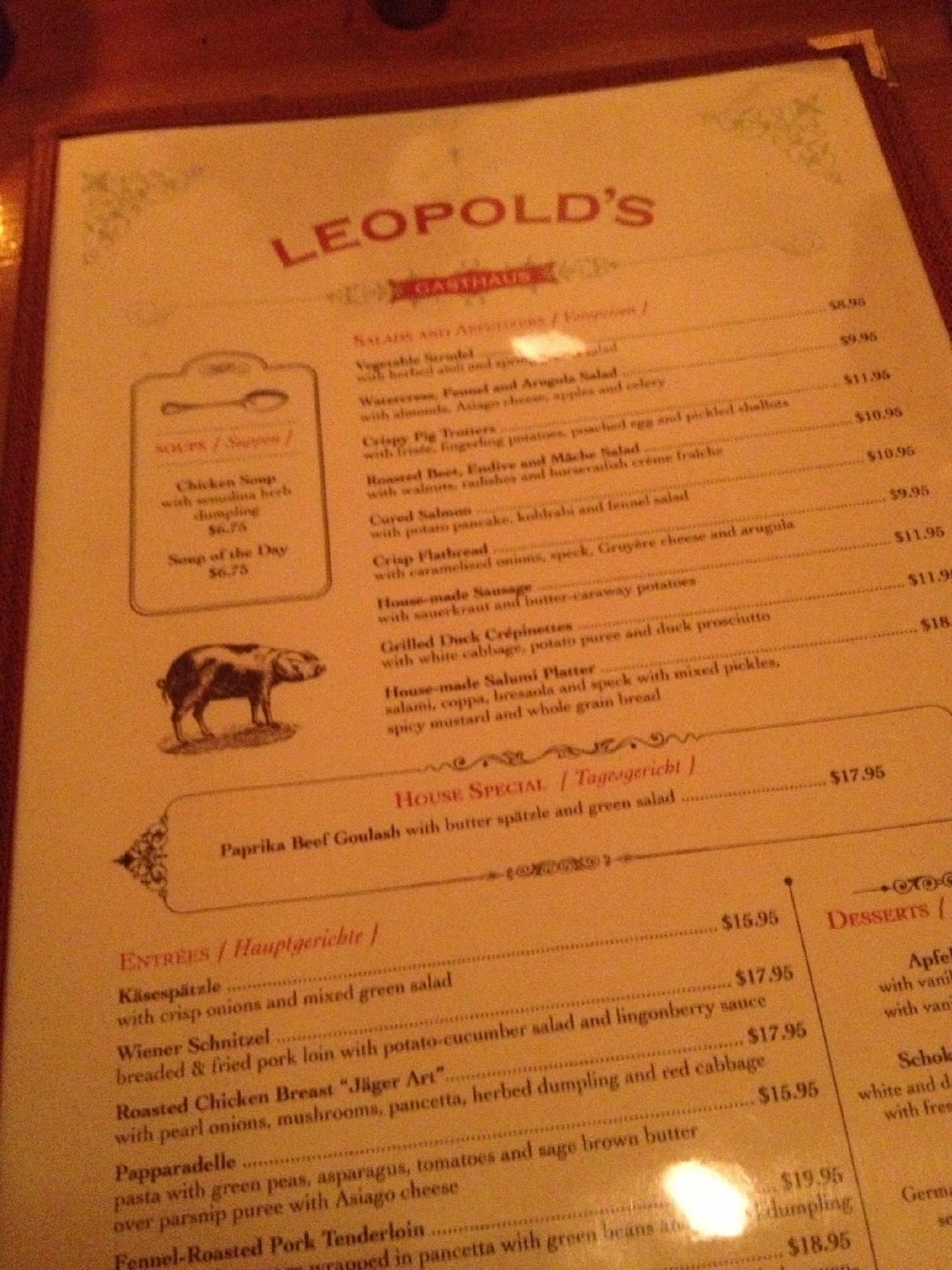 Menu at Leopold's pub & bar, San Francisco
