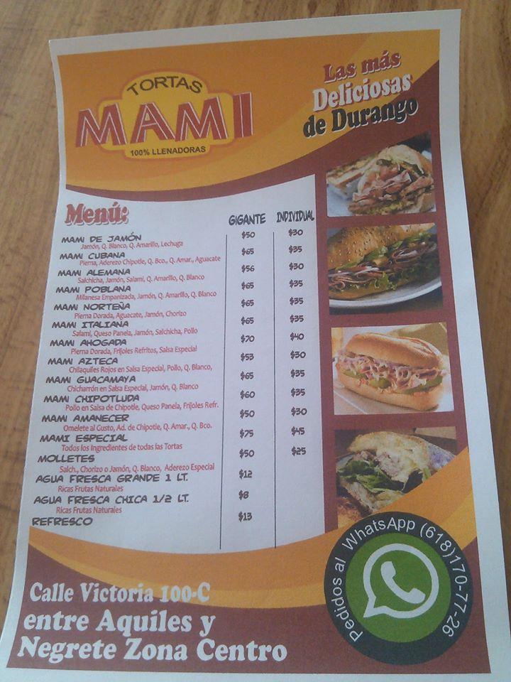 Menu at MAMI Tortas restaurant, Durango