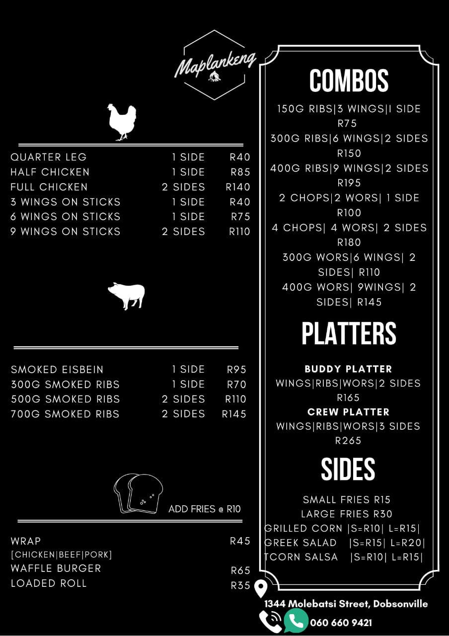 Menu at Maplankeng Eatery restaurant, Johannesburg South