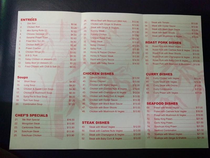 Menu at Me Wah Chinese Take Away Food fast food, Essendon
