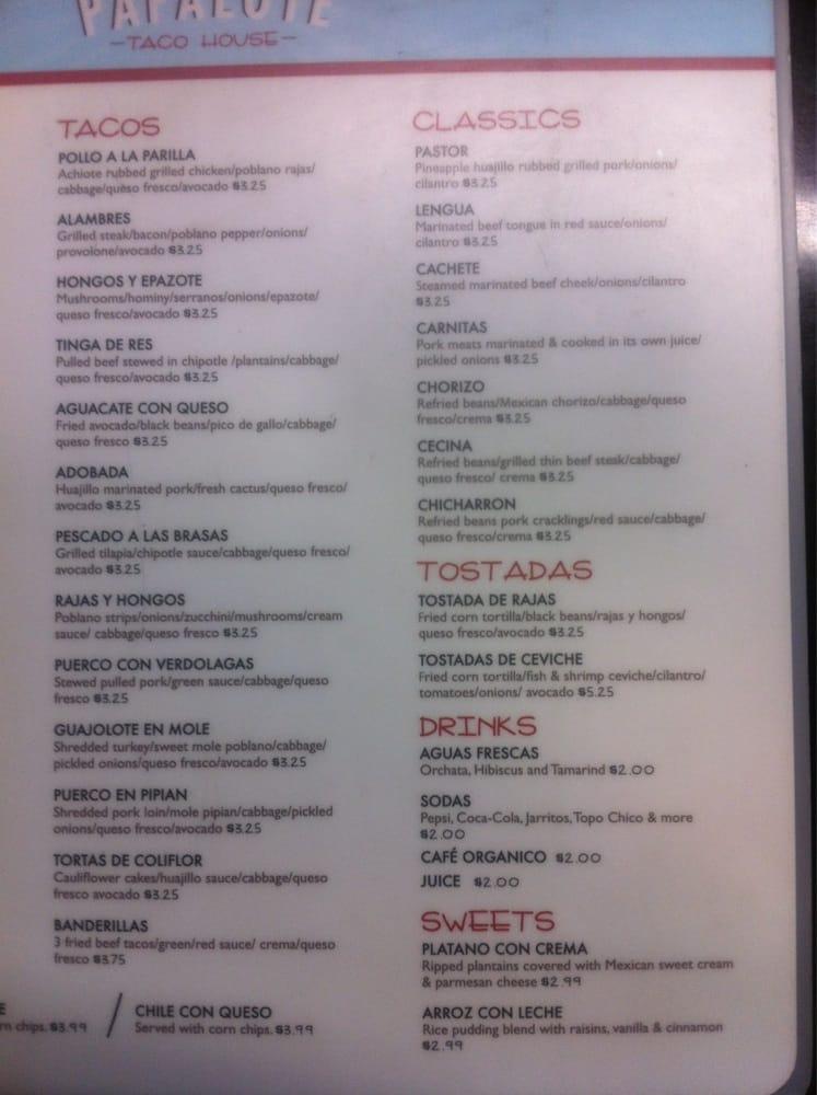 Carta del restaurante Papalote Taco House, Austin, S Lamar Blvd