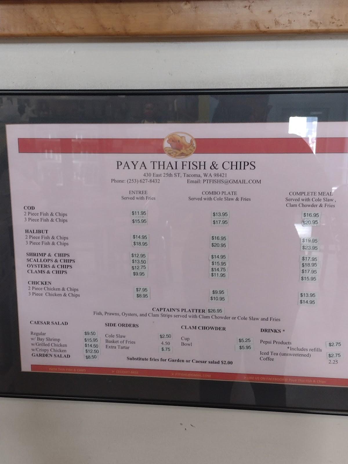 Menu at Paya Thai Fish & Chips restaurant, Tacoma