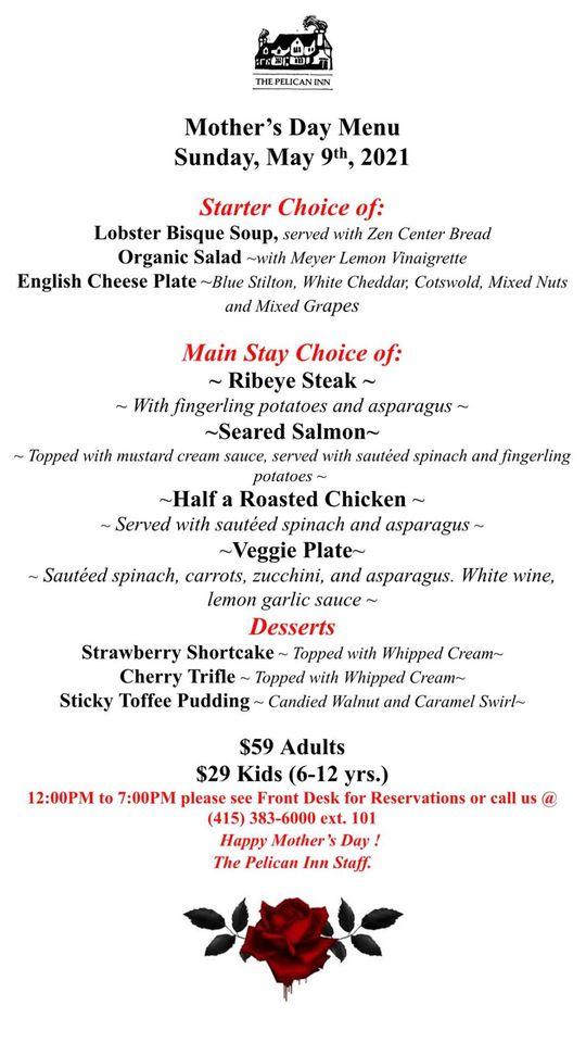Menu at Pelican Inn pub & bar, Muir Beach