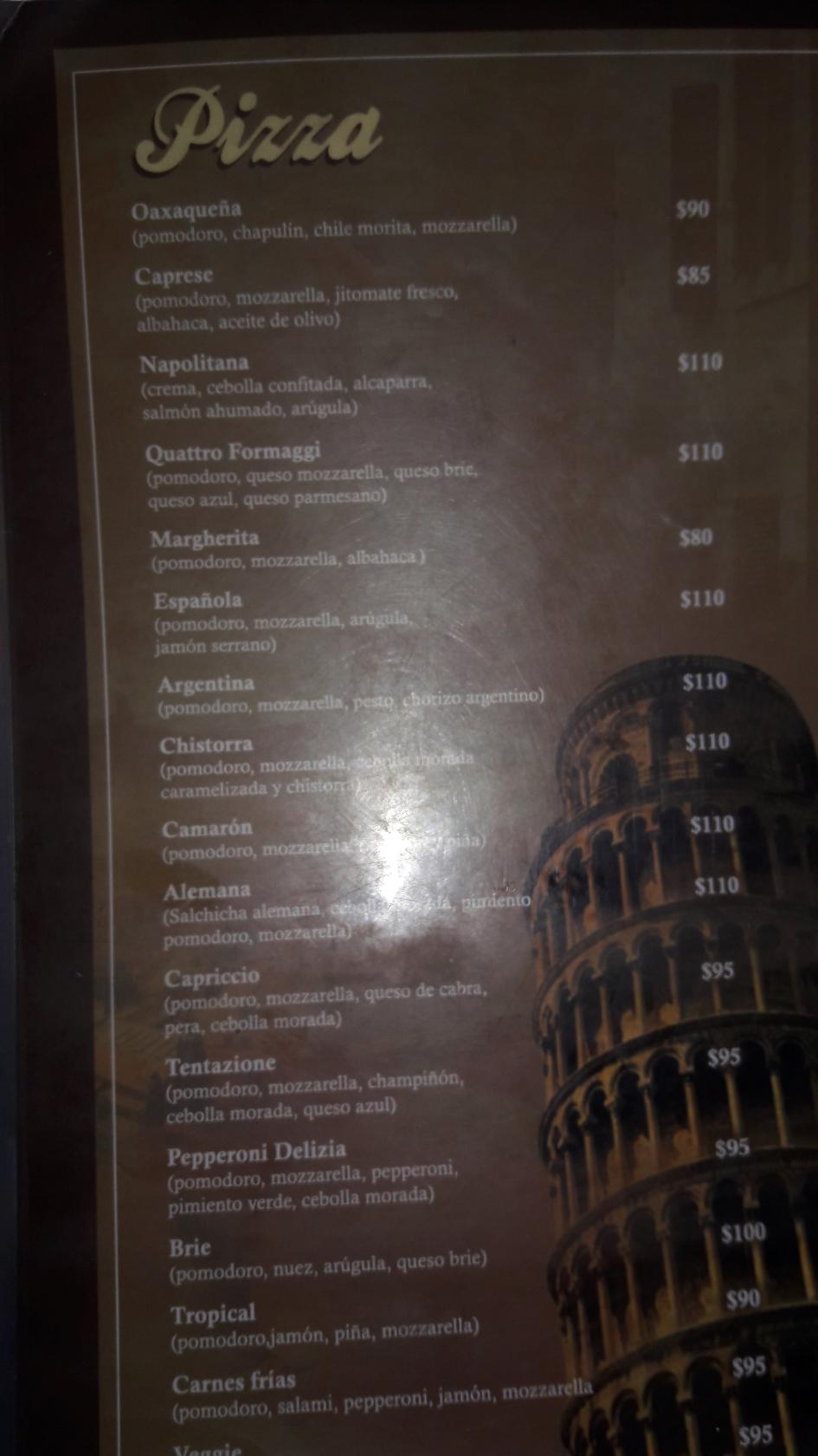 Menu at Pisa Pizza pizzeria, Oaxaca, Miguel Hidalgo 111B
