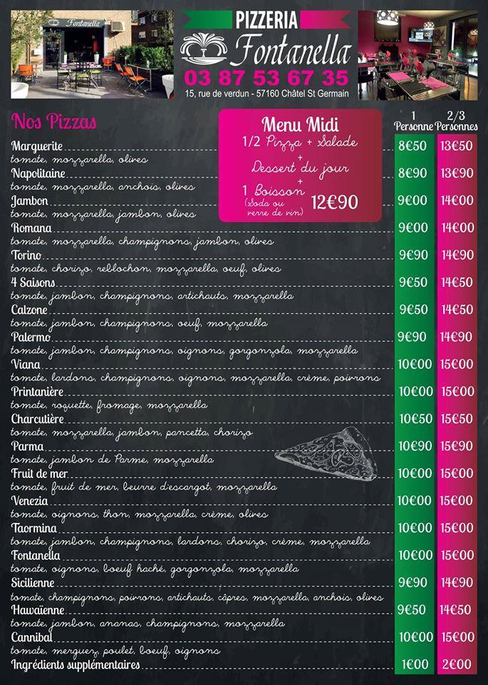 Menu at Pizzeria Fontanella, Châtel-Saint-Germain