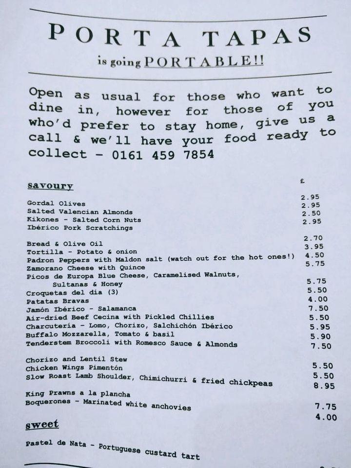 Menu at Porta restaurant, Salford, 216 Chapel St