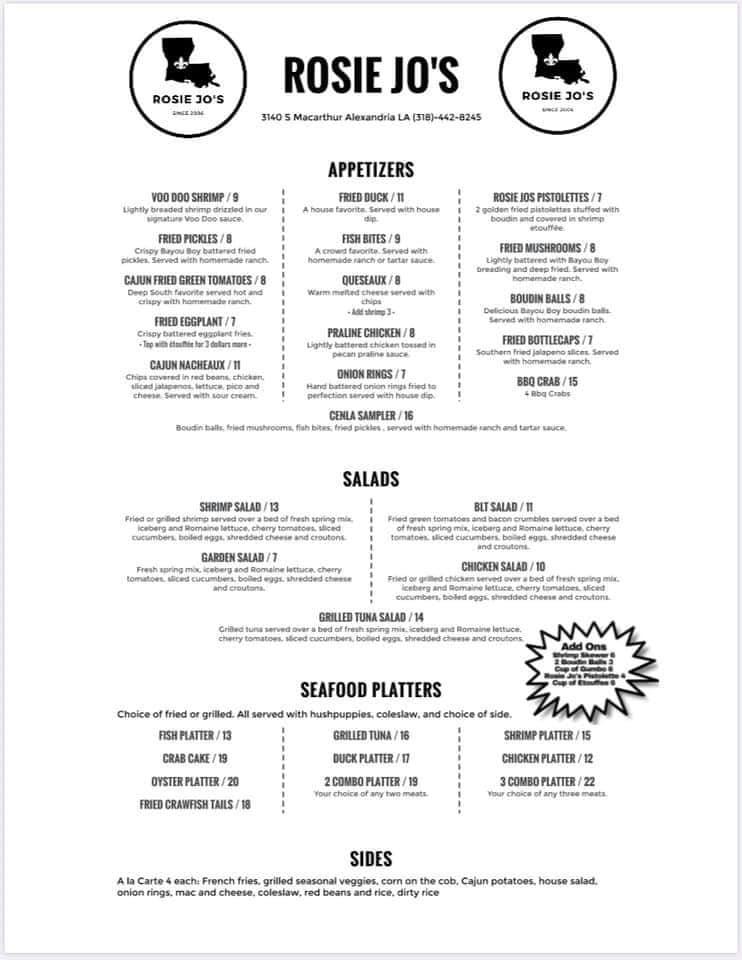 Menu at Rosie Jo's restaurant, Alexandria, S MacArthur Dr