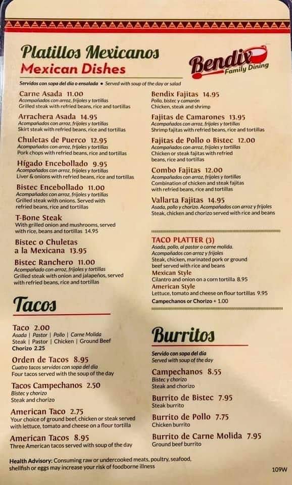 Menu at Bendix Restaurant Family Dining, South Bend, W Western Ave