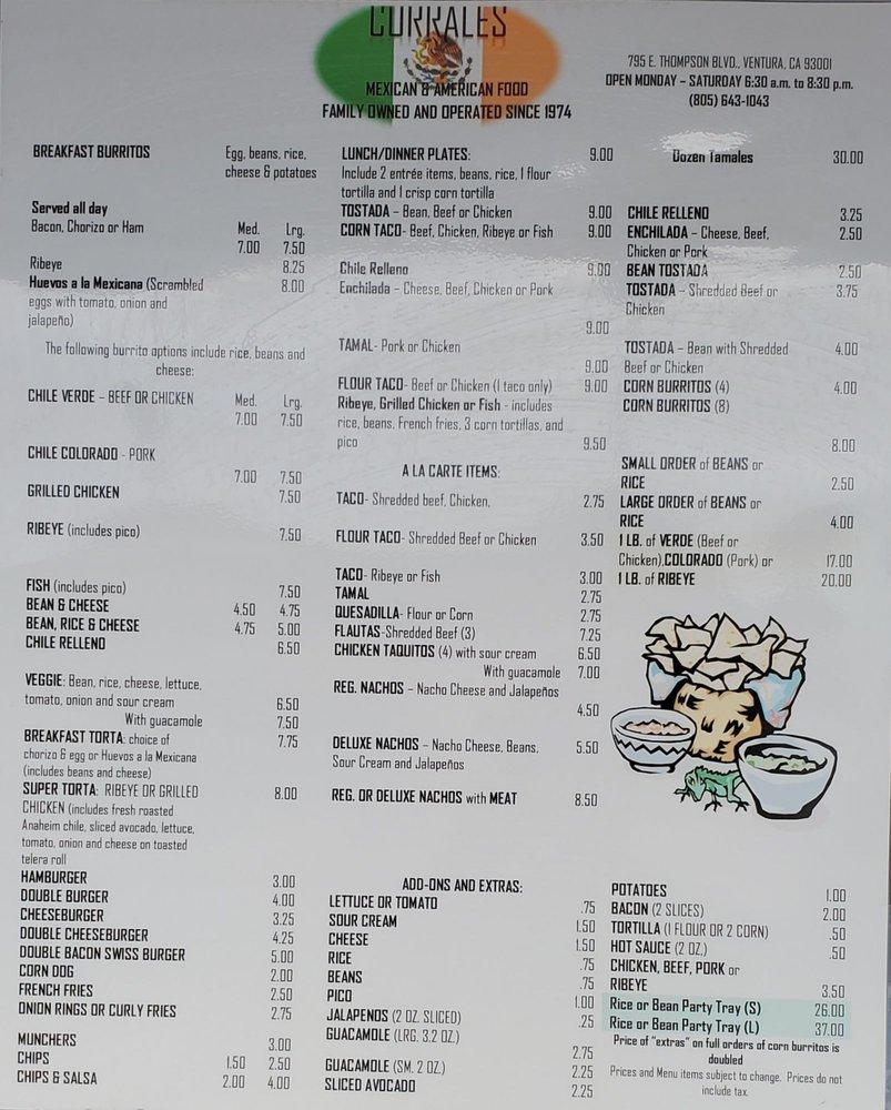 Menu at Corrales Mexican Food fast food, Ventura, 795 E Thompson Blvd