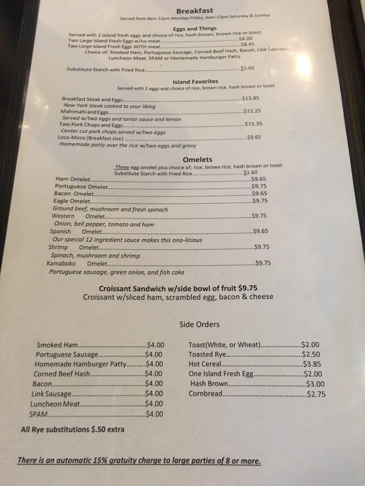 Menu at Eagle Cafe, Honolulu