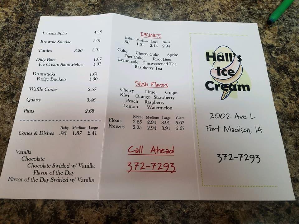 Menu at Hall's Ice Cream, Fort Madison, Avenue L