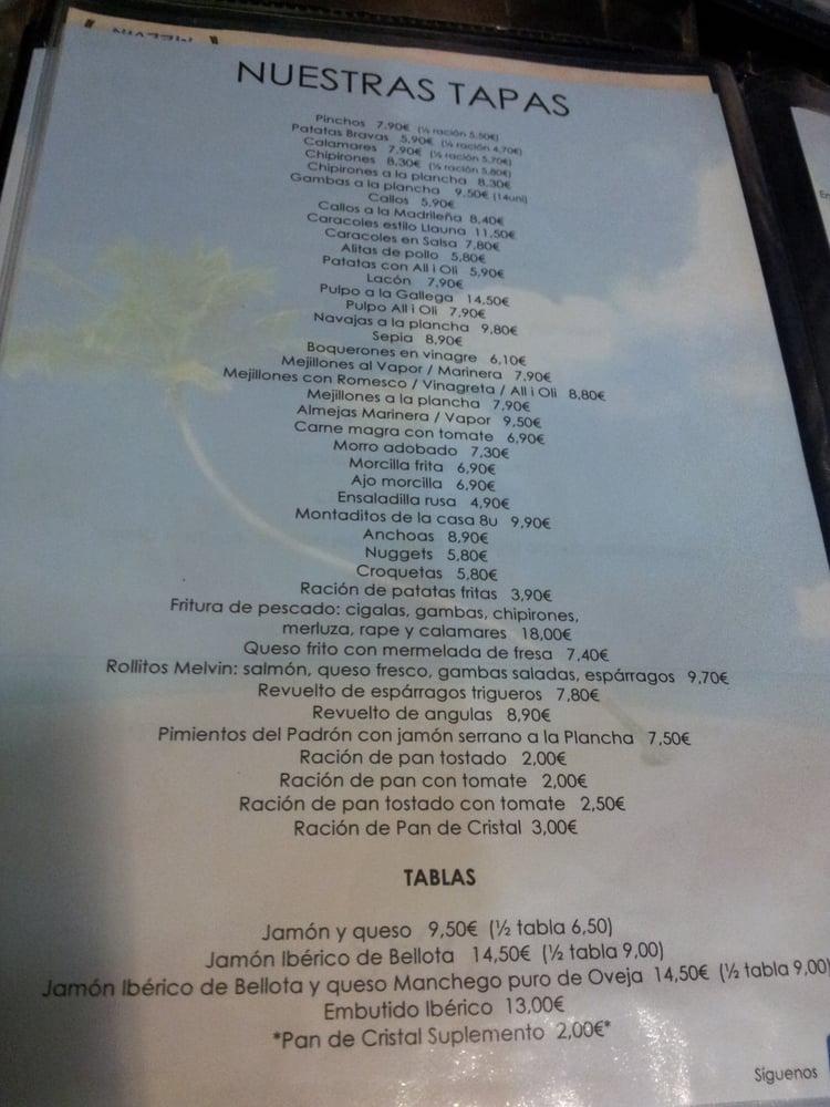 Carta de Restaurant Melvin, Vilaseca